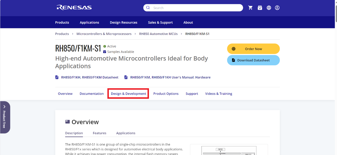 Figure 1: Product Landing page RH850/F1KM-S1