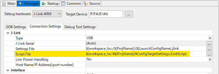 上で用意したJLinkScriptファイルを J-Link の Script File に設定します。